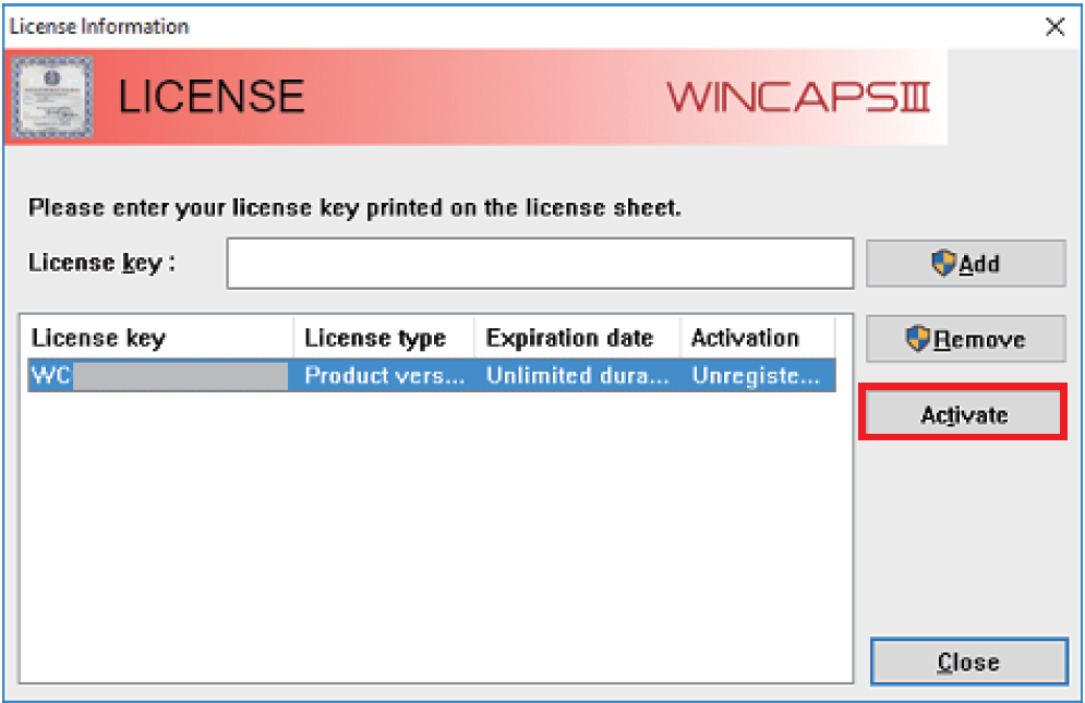Select the license key you intend to activate and click the "Activate ...